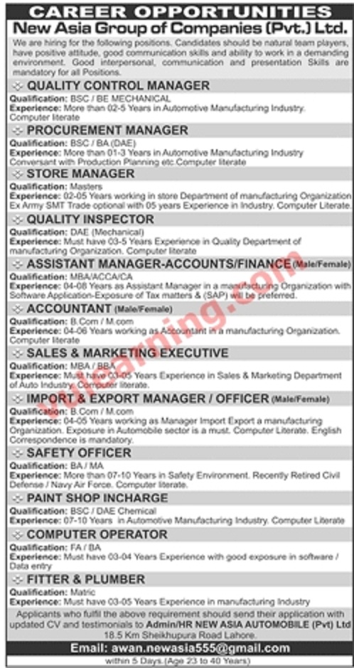 New Asia Group of Companies Pvt Ltd Jobs 2018 Vacancies Advertisement ...
