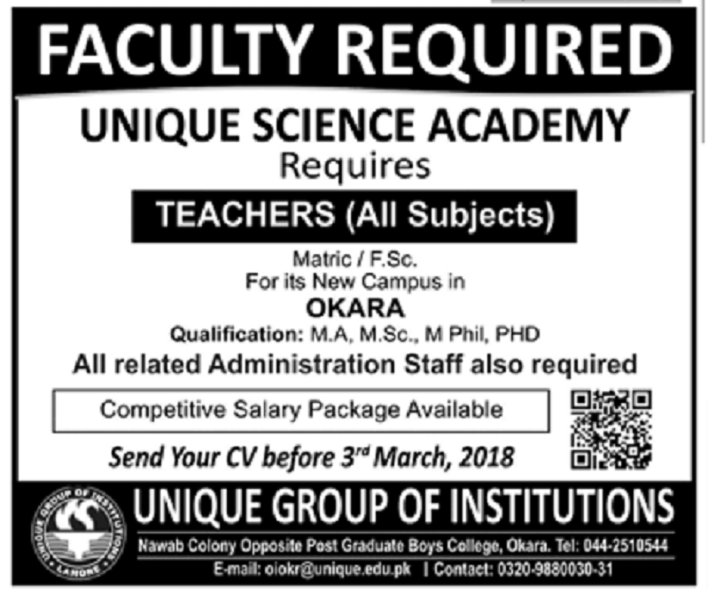 Unique Science Academy Okara Jobs 2018 for Teacher Vacancies ...