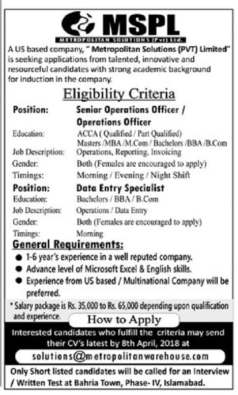 Metropolitan Solutions Pvt Ltd (MSPL) Jobs 2018 Vacancies Advertisement ...