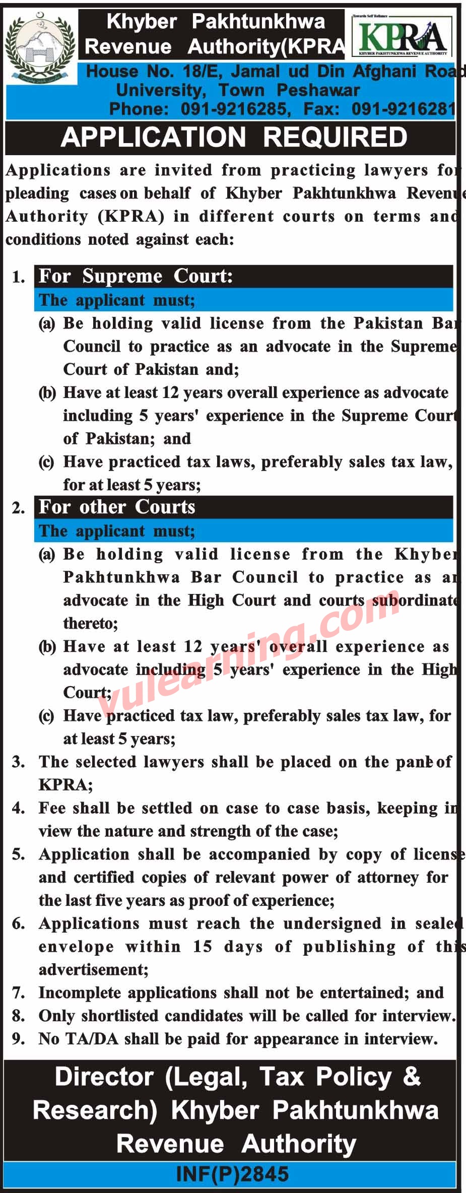 Khyber Pakhtunkhwa Revenue Authority KPRA Jobs 2018 for Lawyers ...