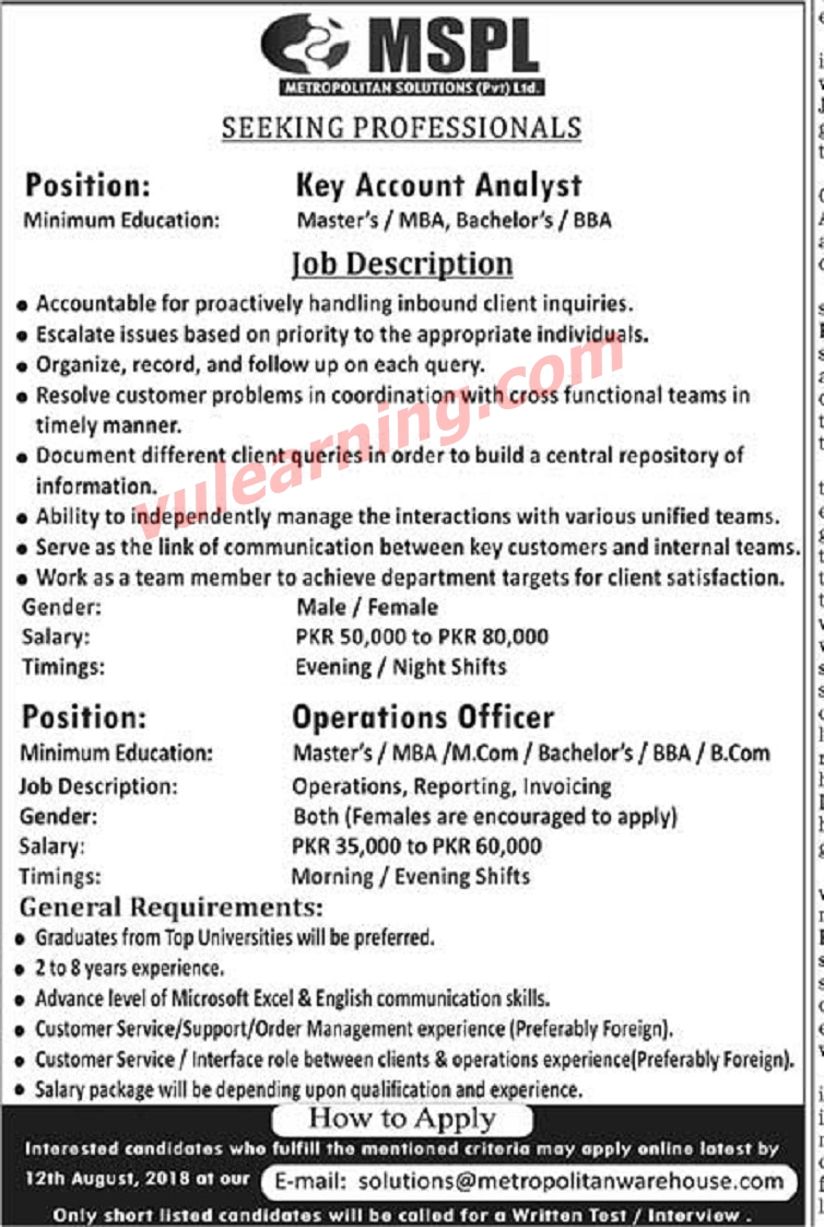 Metropolitan Solutions Pvt Ltd (MSPL) Jobs 2018 Vacancies Advertisement ...