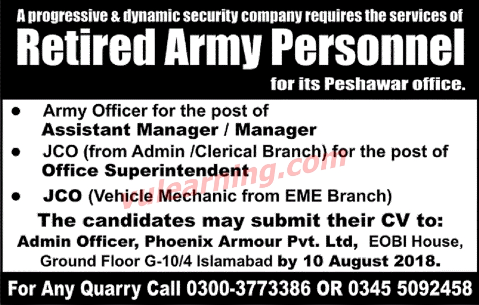 Retired Army Personnel Jobs 2018 in Peshawar Vacancies Advertisement Latest