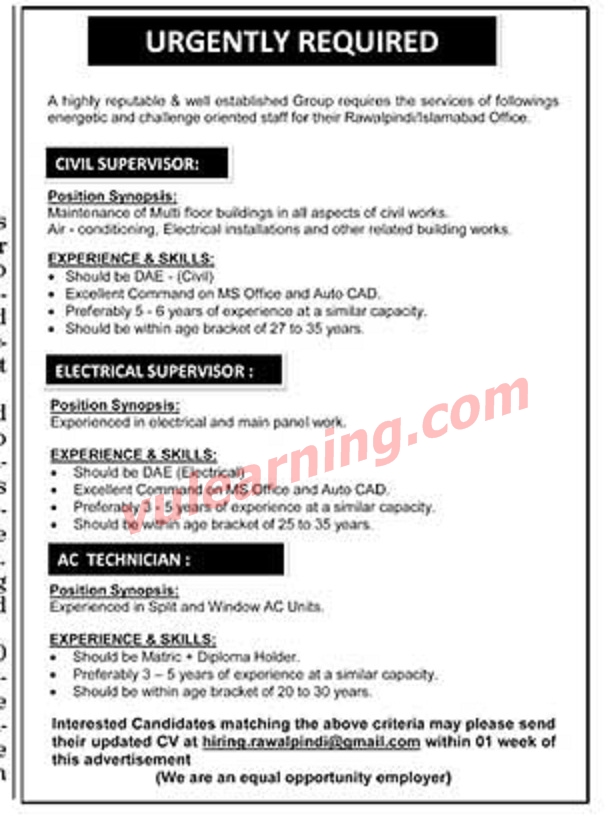 Supervisors & Technician Jobs 2018 for Rawalpindi / Islamabad Office ...