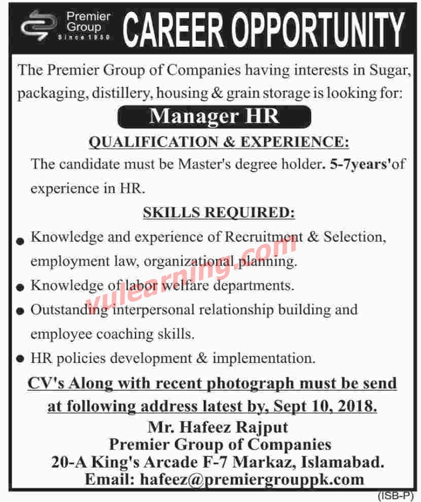 The Premier Group of Companies Jobs 2018 for Manager HR Advertisement ...