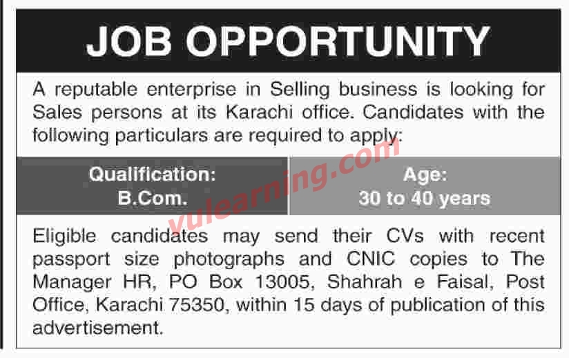 Sales Persons Jobs 2018 in Karachi for a Company Advertisement Latest