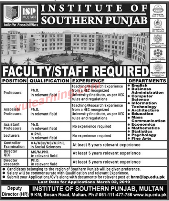 Institute of Southern Punjab ISP Multan Jobs 2019 for Teaching Faculty ...