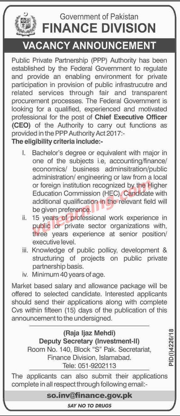 Public Private Partnership Authority Jobs 2019 Govt of Pakistan Finance ...