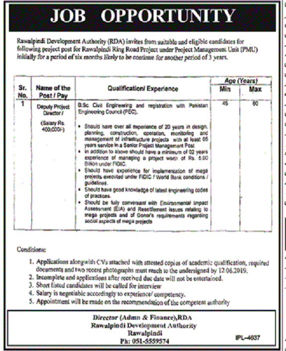 Rawalpindi Development Authority RDA Jobs 2019 for Deputy Project ...