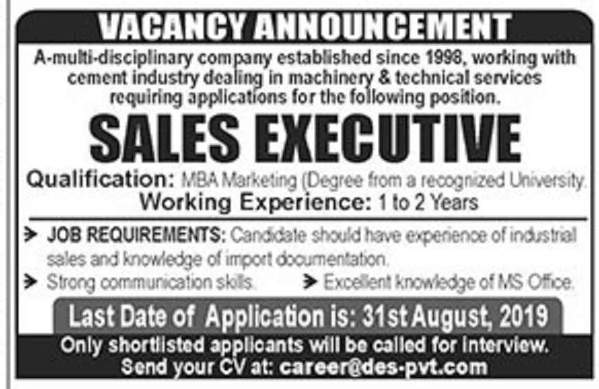 Multi disciplinary Company (DES Private Limited) Jobs 2019 for Sales ...