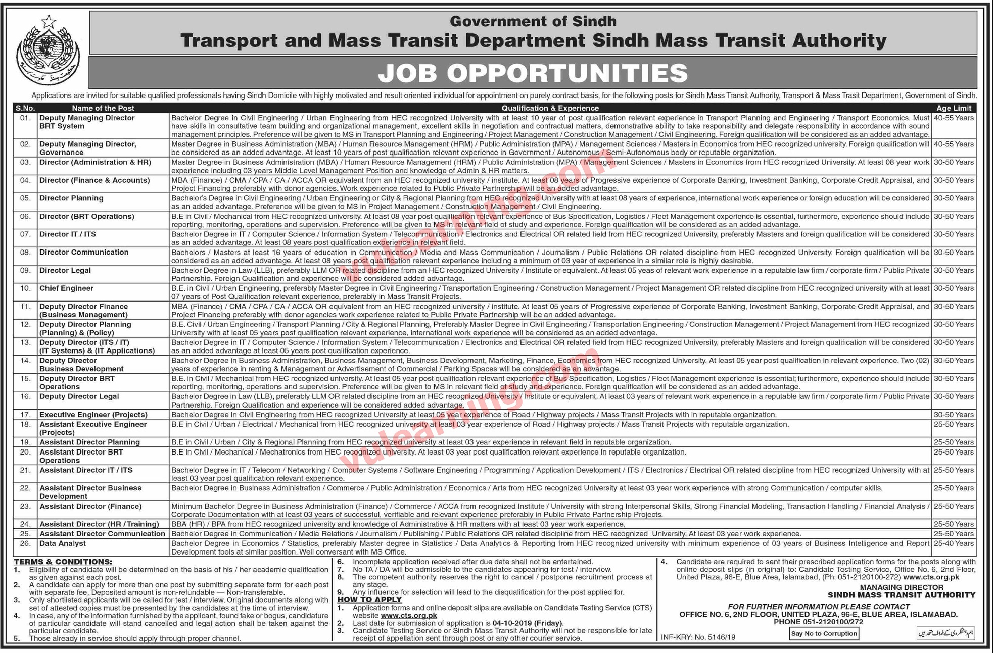 Transport & Mass Transit Department Sindh Mass Transit Authority Jobs ...