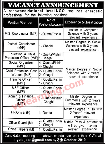 Renowned National Level NGO Jobs 2019 Vacancies Advertisement Latest