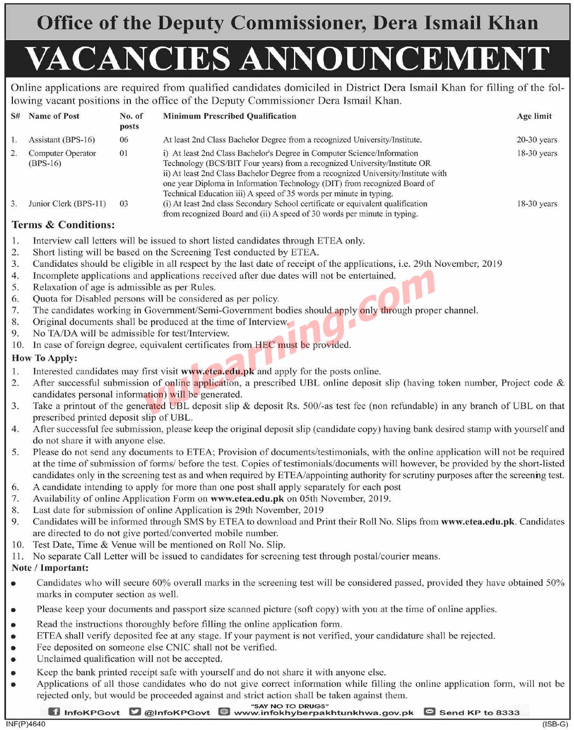 Deputy Commissioner Office DI Khan Jobs 2019 for 10+ Assistants ...