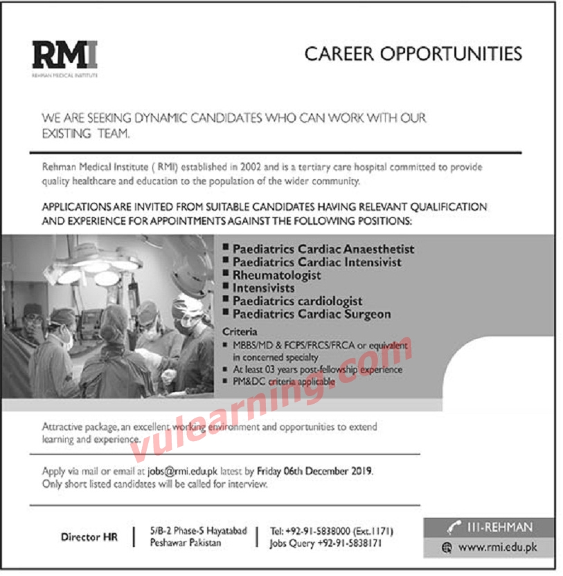 Rehman Medical Institute (RMI) Peshawar Jobs 2019 for Anaesthetist ...