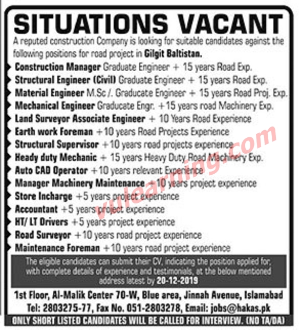 Reputed Construction Company Jobs 2019 for Road Project in Gilgit ...