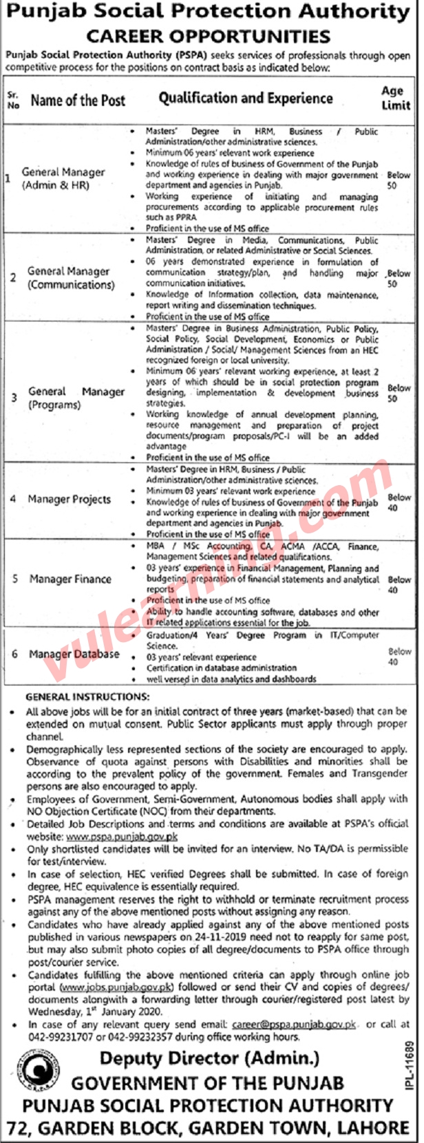 Punjab Social Protection Authority (PSPA) Lahore Jobs 2019 for General ...