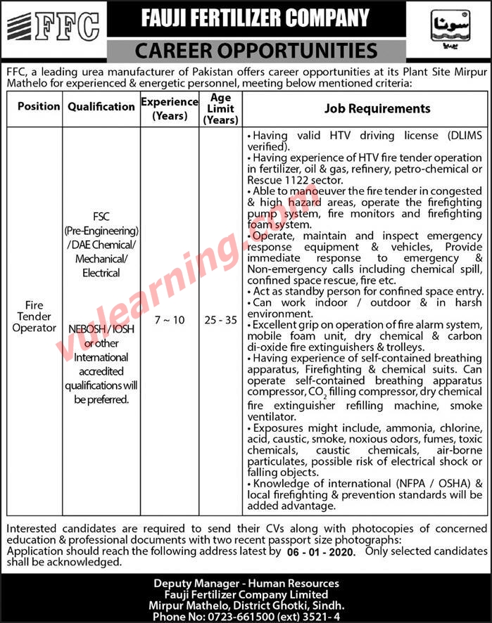 Fauji Fertilizers Company (FFC) Jobs 2019 for Fire Tender Operator at ...