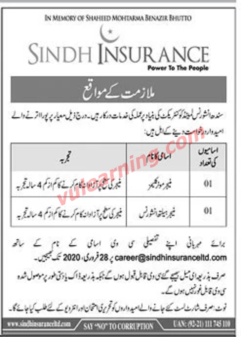 Sindh Insurance Limited Jobs 2020 for Manager Motor Claims & Manager ...