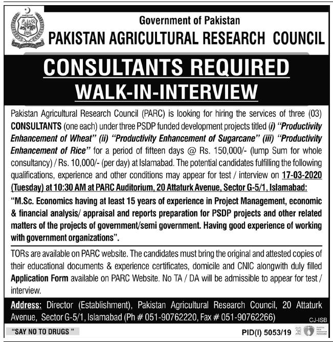Pakistan Agricultural research Council (PARC) Islamabad Jobs 2020 for 3 ...