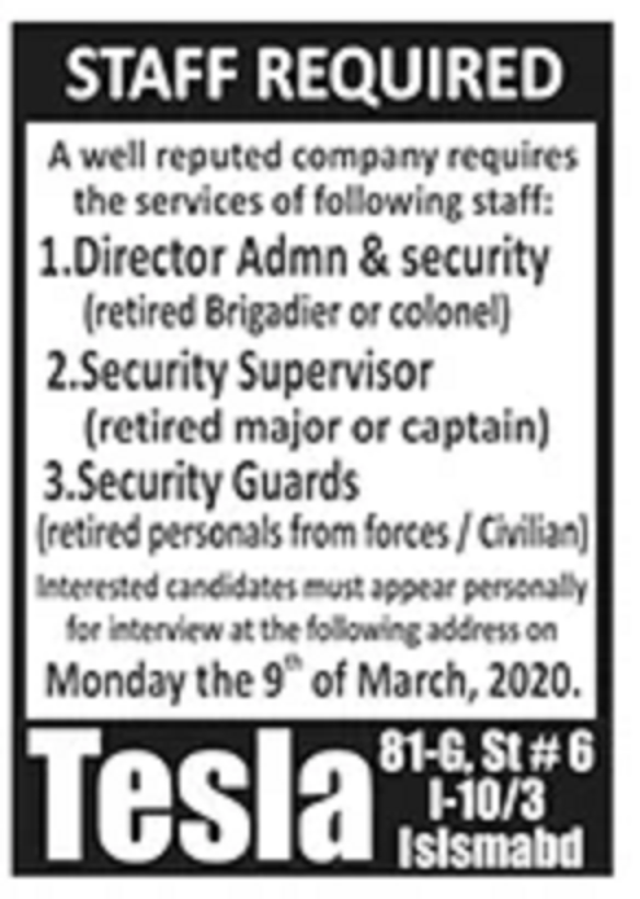 Tesla Islamabad Jobs 2020 for Director Admin / Security, Security ...