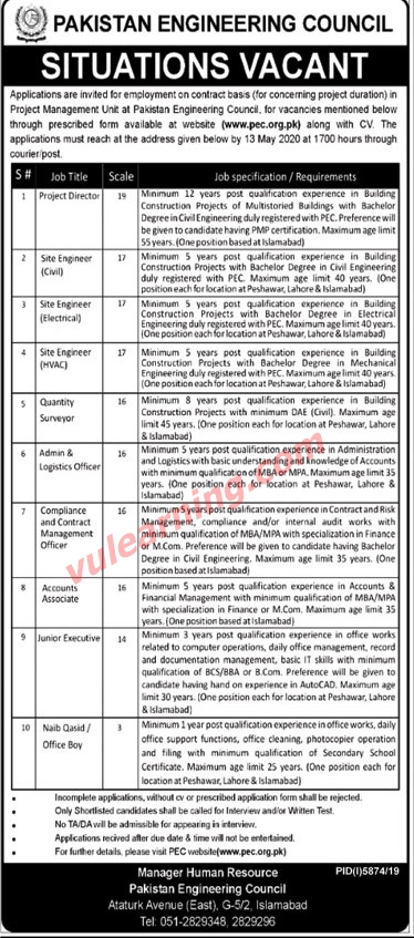 PEC Jobs April 2020 Site Engineers, Junior Executives & Others ...
