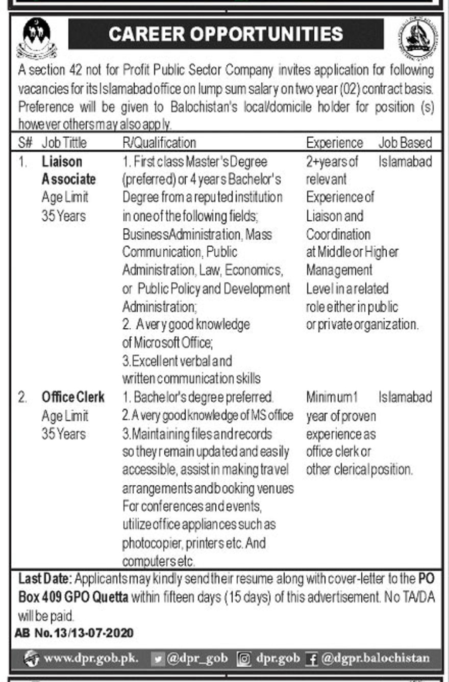 Public Sector Company PO Box 409 GPO Quetta Jobs 2020 for Liaison ...