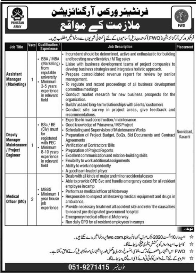 Frontier Works Organization (FWO) Jobs 2020 Apply Online www.fwo.com.pk ...