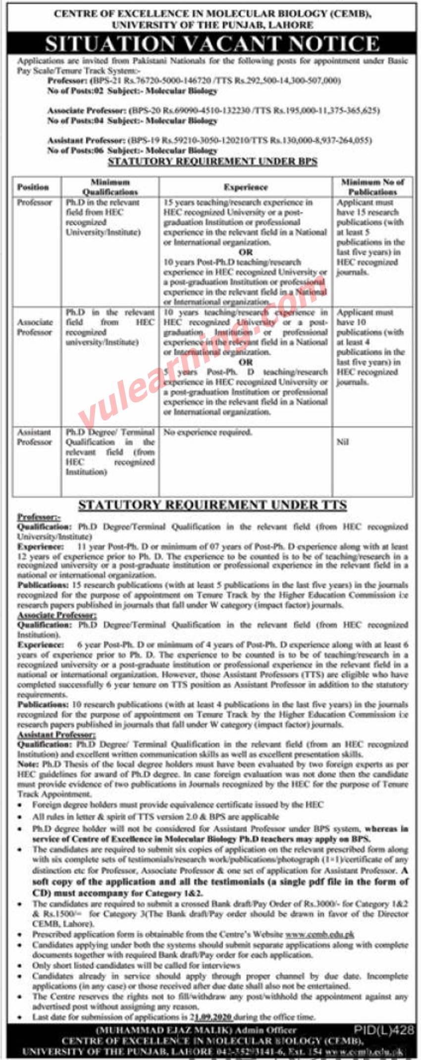 University of the Punjab Lahore Jobs 2020 for Teaching Faculty at ...