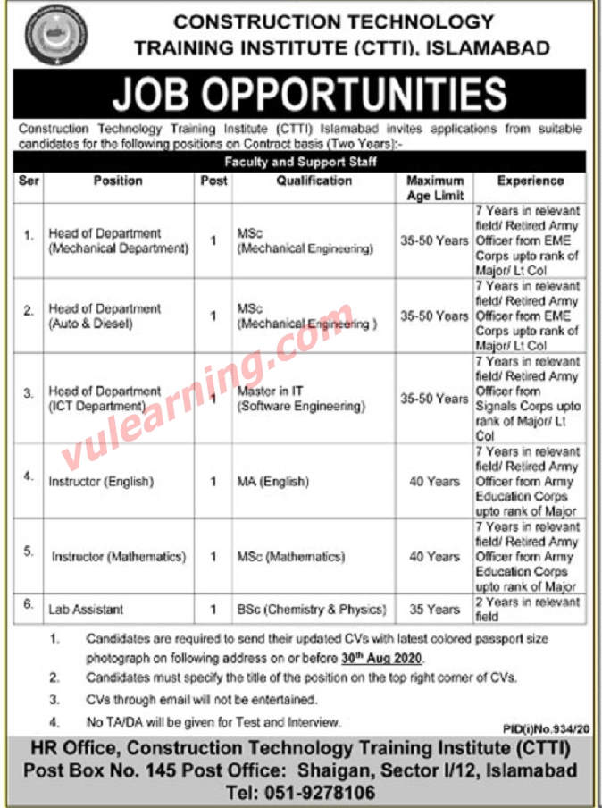 Construction Technology Training Institute (CTTI) Islamabad Jobs 2020 ...