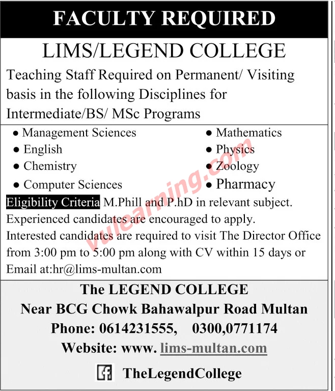 LIMS / Legend College Multan Jobs 2020 for Permanent / Visiting ...