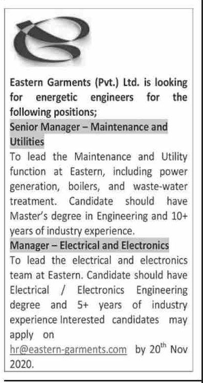 Eastern Garments Pvt Ltd Jobs 2020 for Senior Manager & Manager Latest