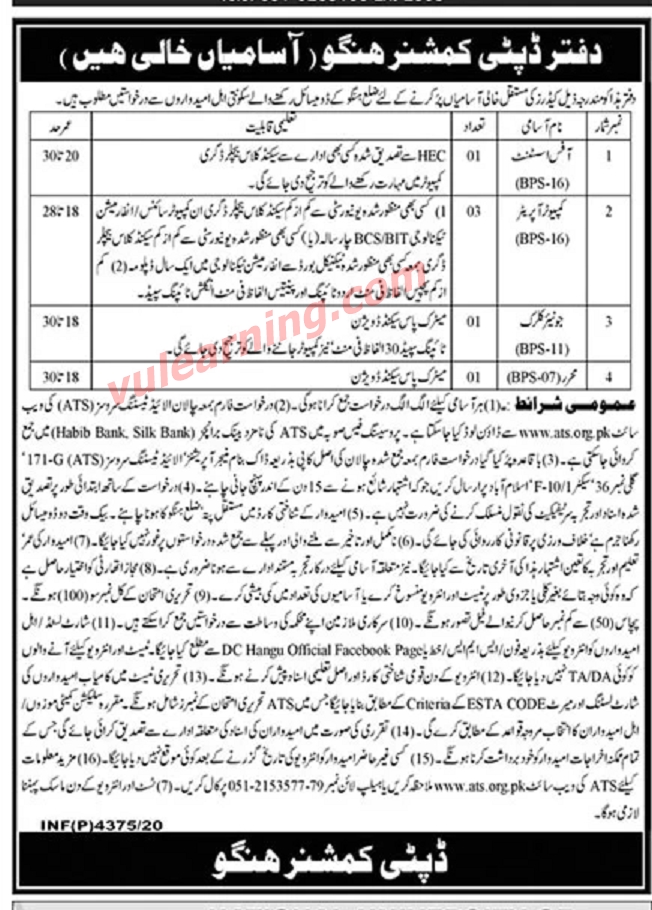 Deputy Commissioner Office Hangu Jobs November 2020 for Computer ...